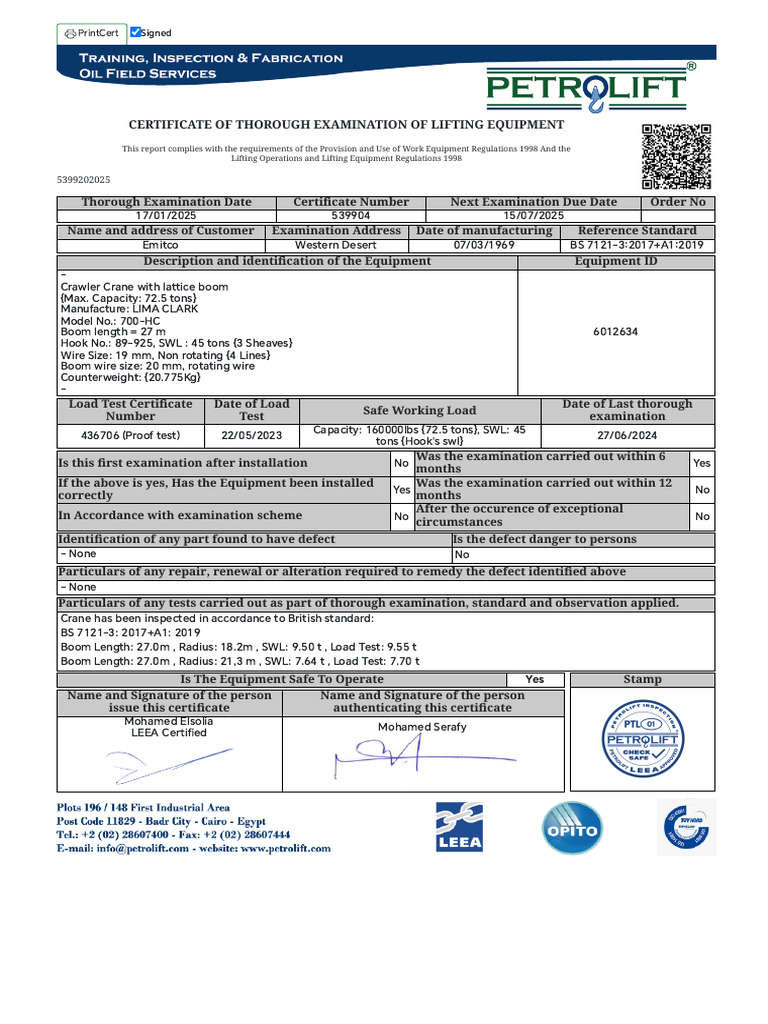 Crawler Crane Thorough Examination Certificate | PDF | Crane (Machine ...