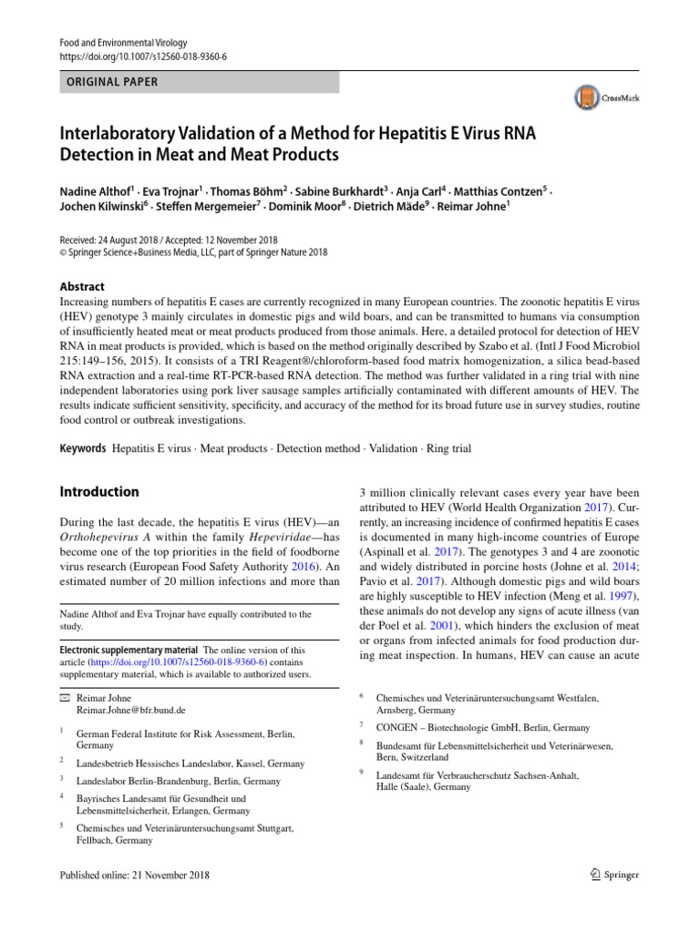 Interlaboratory Validation of A Method For Hepatitis E Virus RNA Detection in Meat and Meat ...
