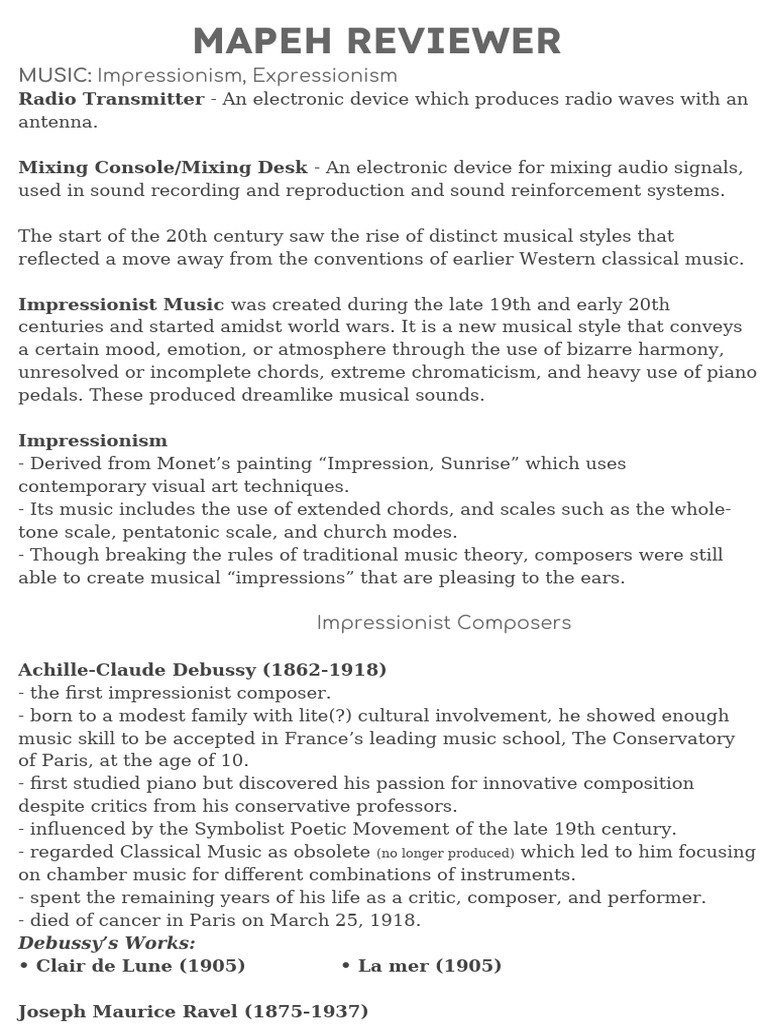 1M - MAPEH Reviewer - G10 | PDF | Impressionism