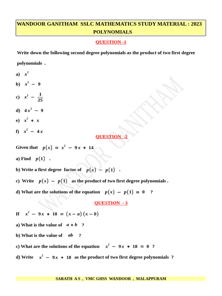 SSLC Mathematics Important Questions Chap 10 EM POLYNOMIALS | PDF | Polynomial | Mathematical ...