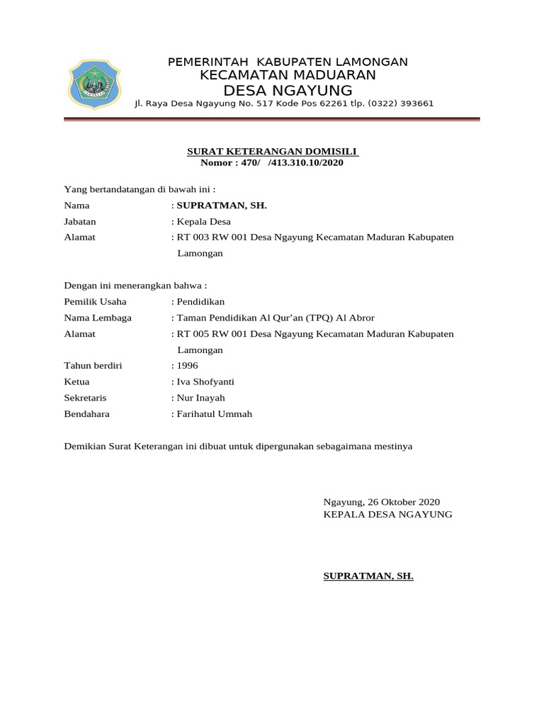 Surat Keterangan Domisili TPQ Al Abror | PDF