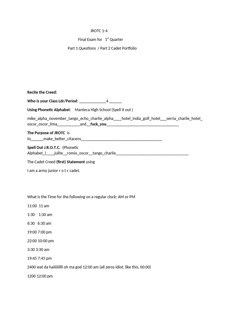 JROTC 1st Quarter Exam & Portfolio | PDF