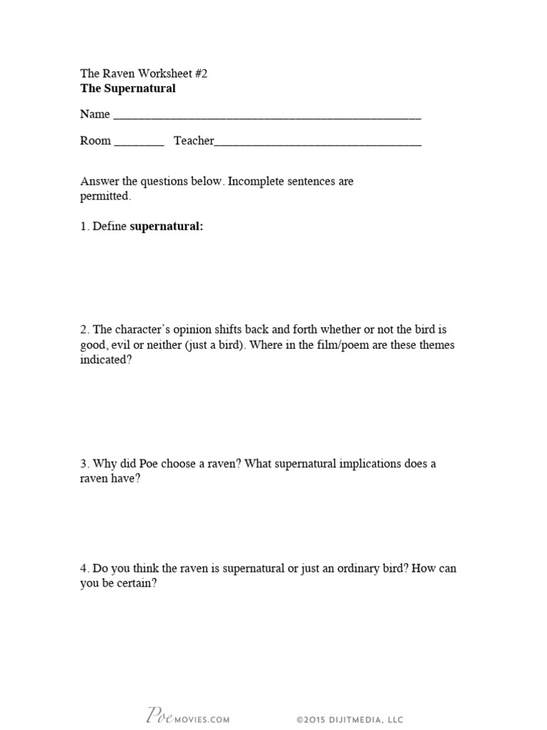 The Raven - Question Sheet 02 - Supernatural | PDF