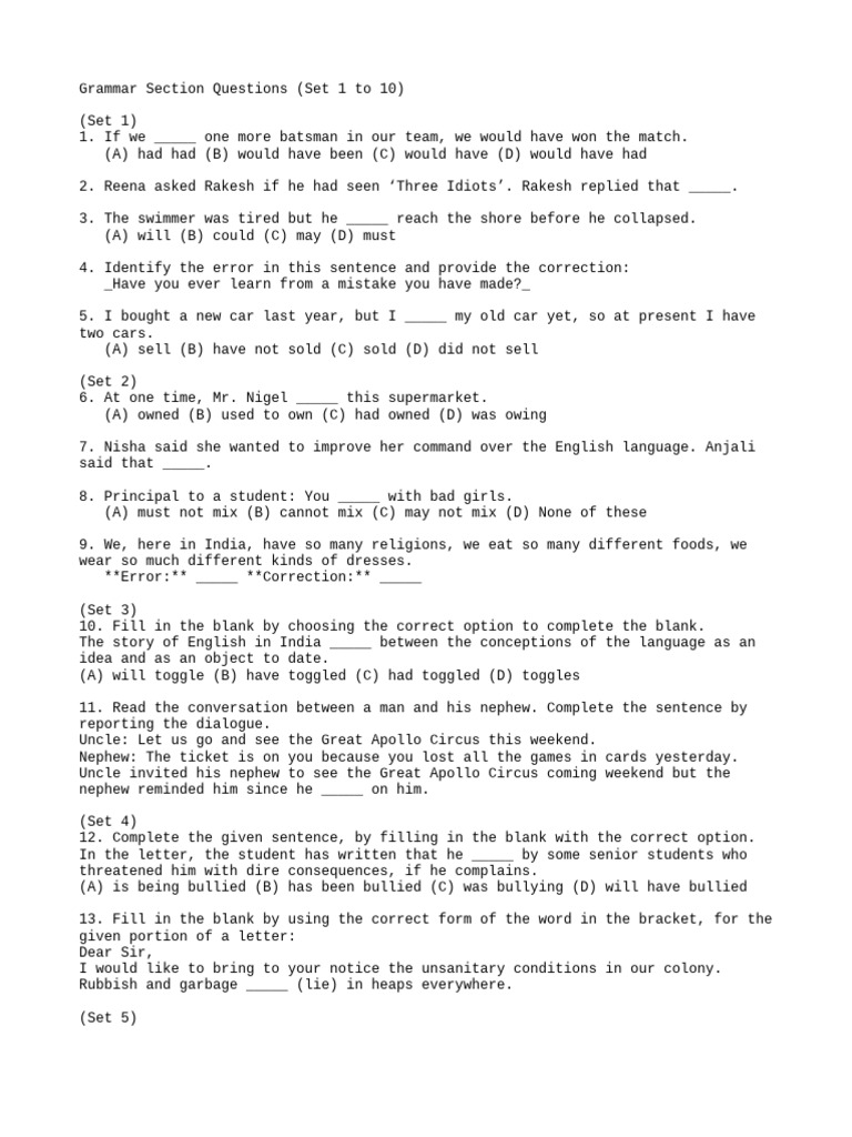 Grammar Questions Set 1 To 10 | PDF