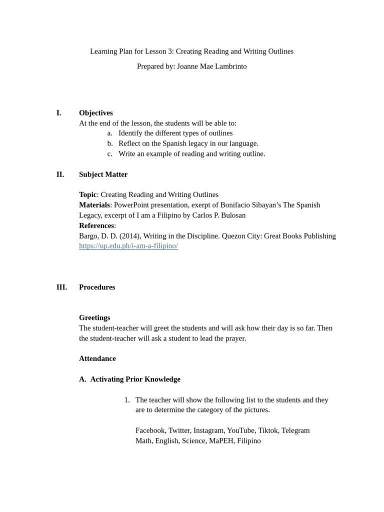 Creating Reading and Writing Outline | PDF