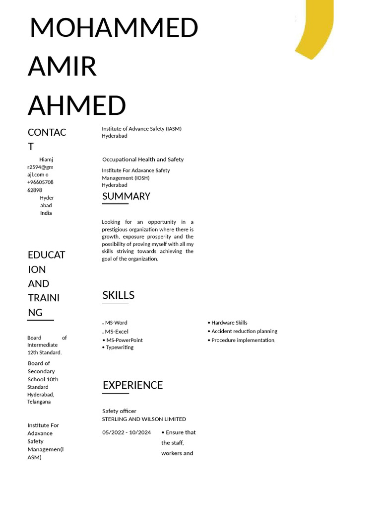 Amir Resume | PDF | Safety | Occupational Safety And Health