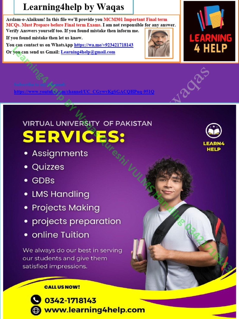 MCM301 Finalterm File 2 Important MCQs by Learning4Help (Waqas Qureshi) | PDF
