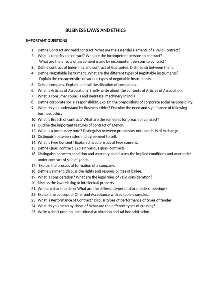 Business Laws and Ethics Imp Questions | PDF