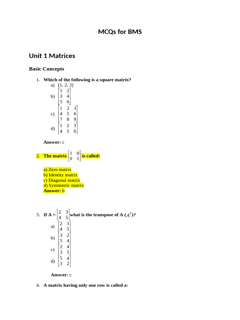 MCQs For BMS (Matrix) | PDF | Matrix (Mathematics) | Eigenvalues And ...