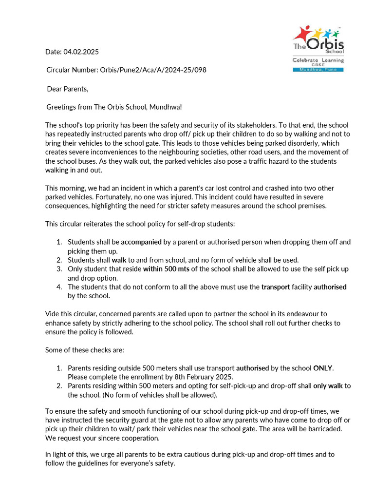 Orbis School Safety Drop-off Guidelines | PDF | Transport