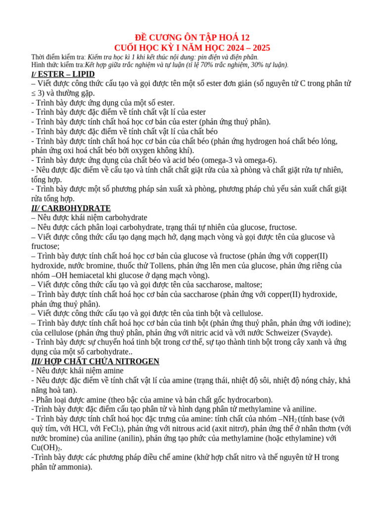 ĐỀ CƯƠNG CK 1 HOÁ 12-2024-2025 | PDF
