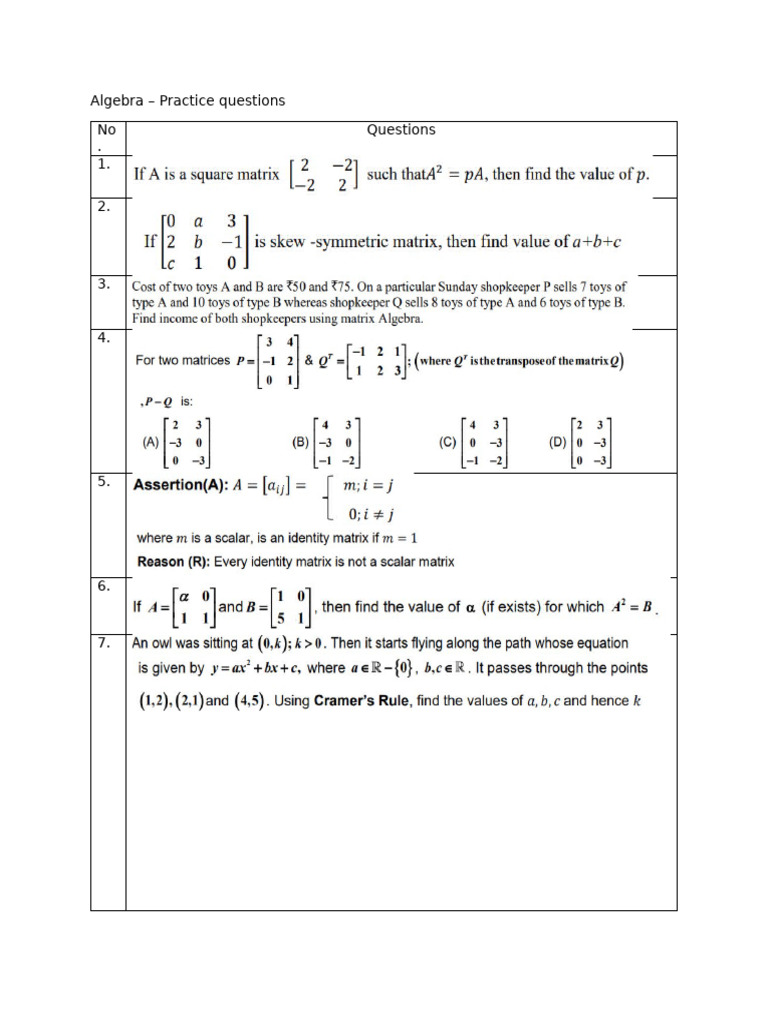 Algebra - Practice Questions | PDF