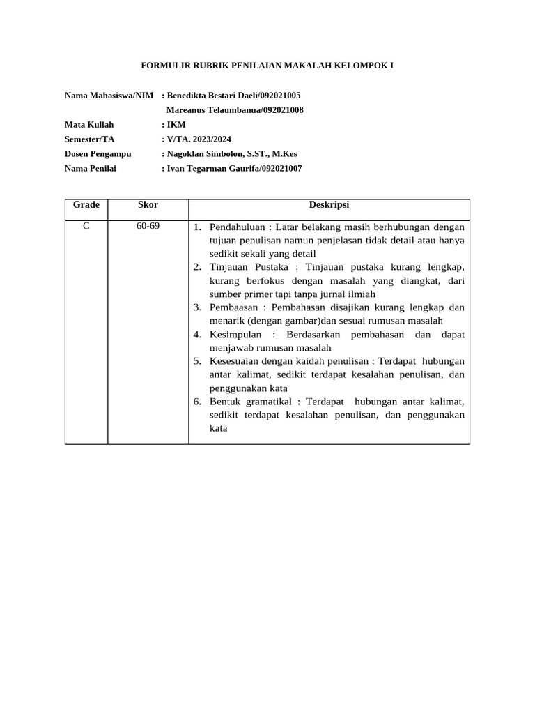 Format Penilaian Makalah&Presentasi Kelompok I | PDF