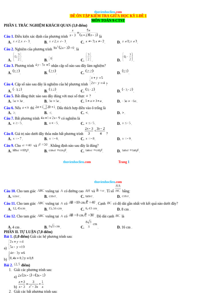 Bo de Kiem Tra Giua HK1 Toan 9 CTST | PDF