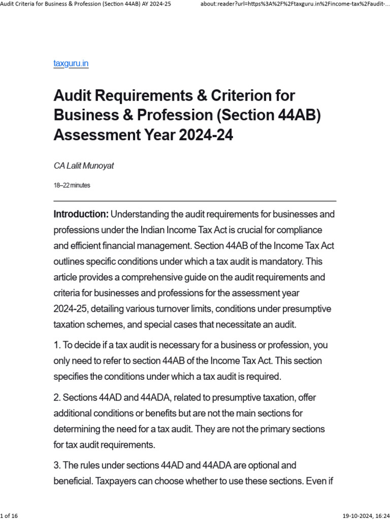 Audit Criteria for Section 44AB AY 2024-25 | PDF | Payments | Taxes
