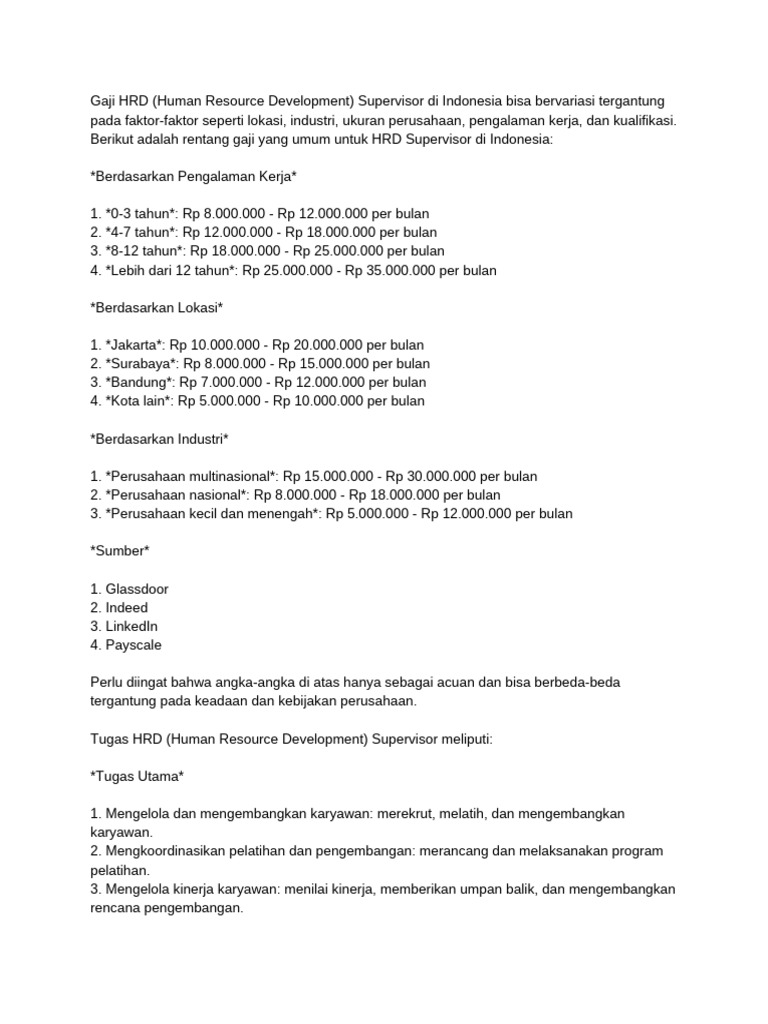 Gaji dan Tugas HRD Supervisor di Indonesia | PDF