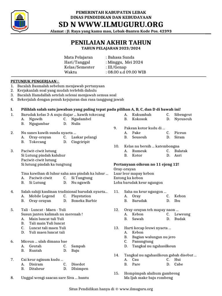 Soal Penilaian Bahasa Sunda Kelas 3 | PDF