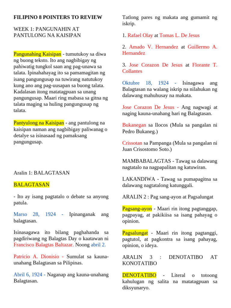 Filipino 8 Pointers to Review | PDF