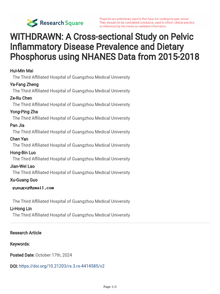 WITHDRAWN: A Cross-Sectional Study On Pelvic in Ammatory Disease Prevalence and Dietary ...