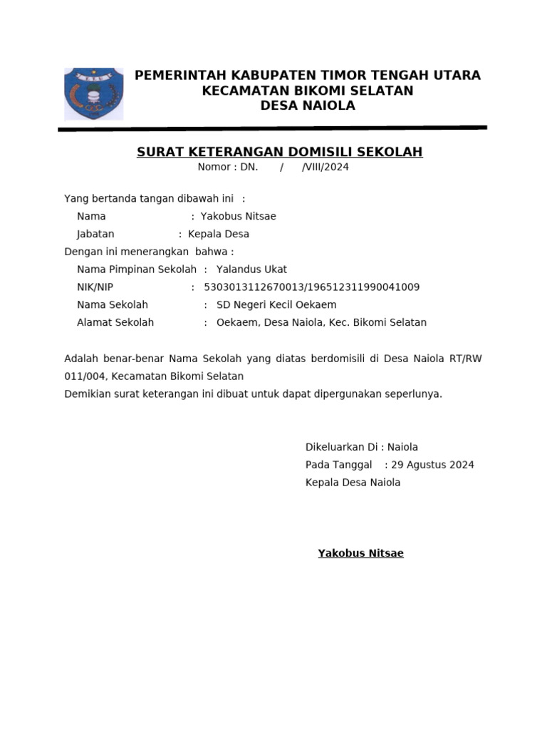 Surat Keterangan Domisili Sekolah | PDF