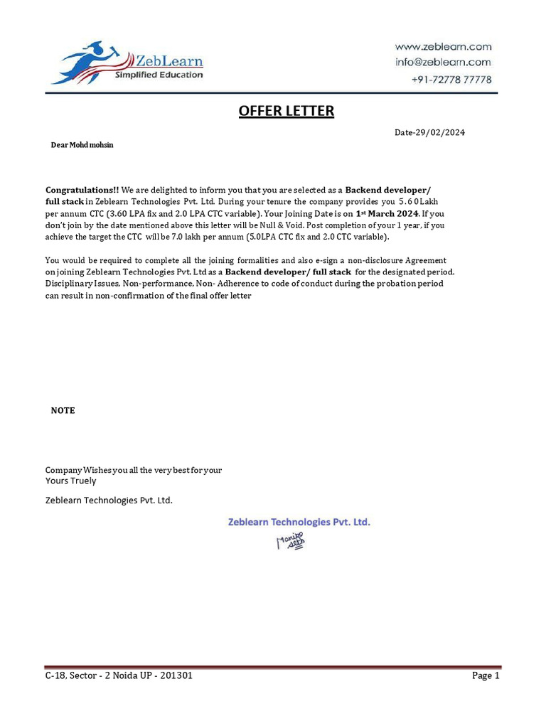 Offer Letter for Backend Developer Position | PDF