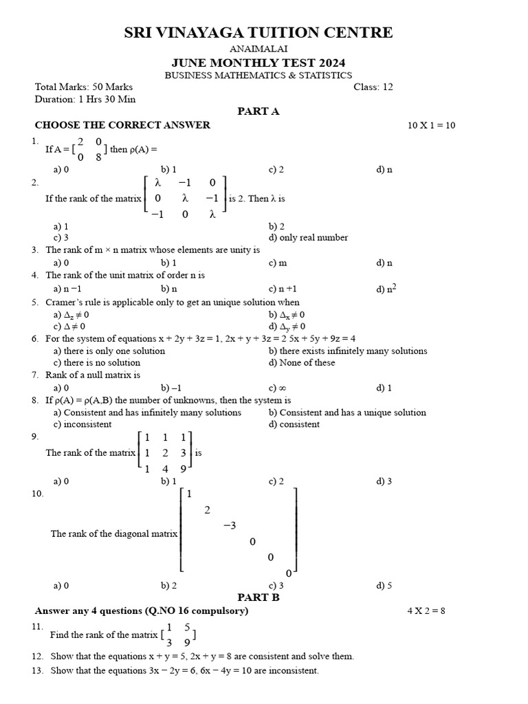 Class 12 Business Math Test 2024 | PDF | Matrix (Mathematics) | Linear ...