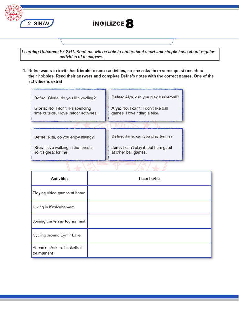 8.sinif Ingilizce 1.donem 2.yazili Sorulari Meb Ornegi | PDF | Cakes ...
