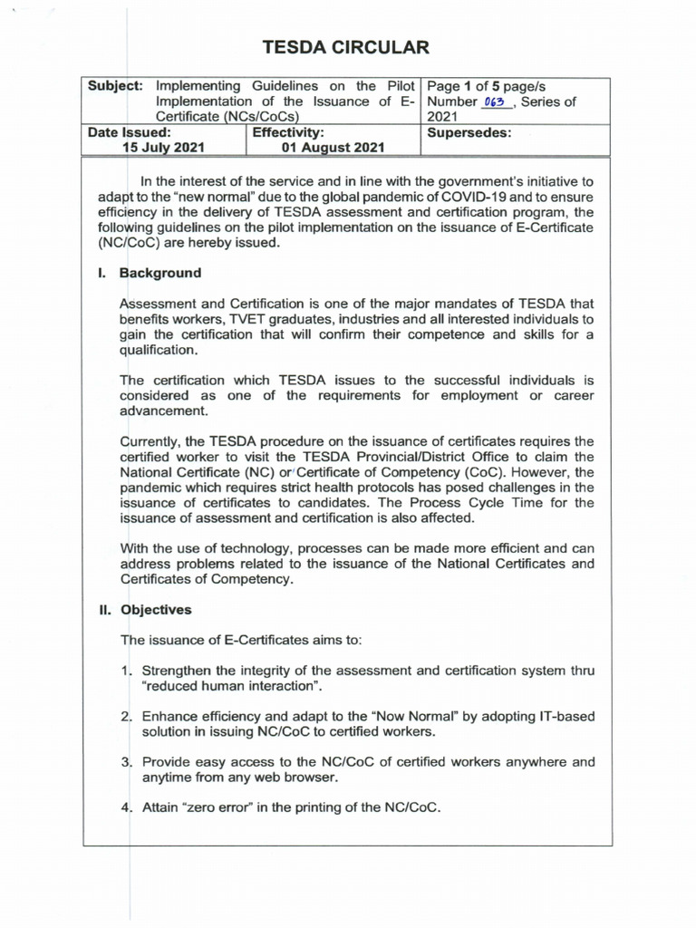 TESDA Circular No. 063-2021 | PDF