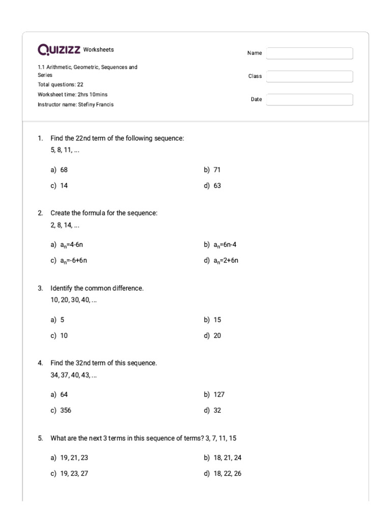 Arithmetic & Geometric Sequences Worksheet | PDF | Algebra | Arithmetic