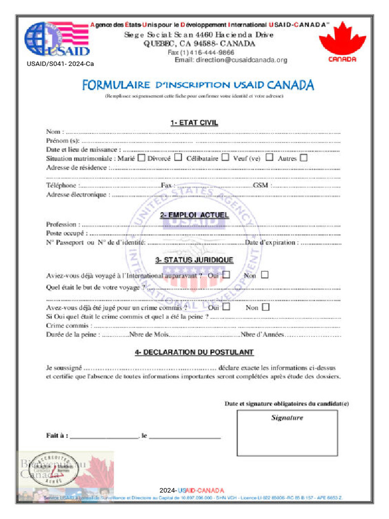 Formulaire D'inscription Usaid Canada. | PDF