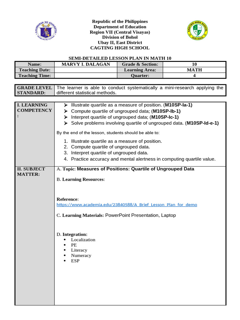 Math 10 Lesson: Quartiles of Ungrouped Data | PDF | Quartile | Interpolation