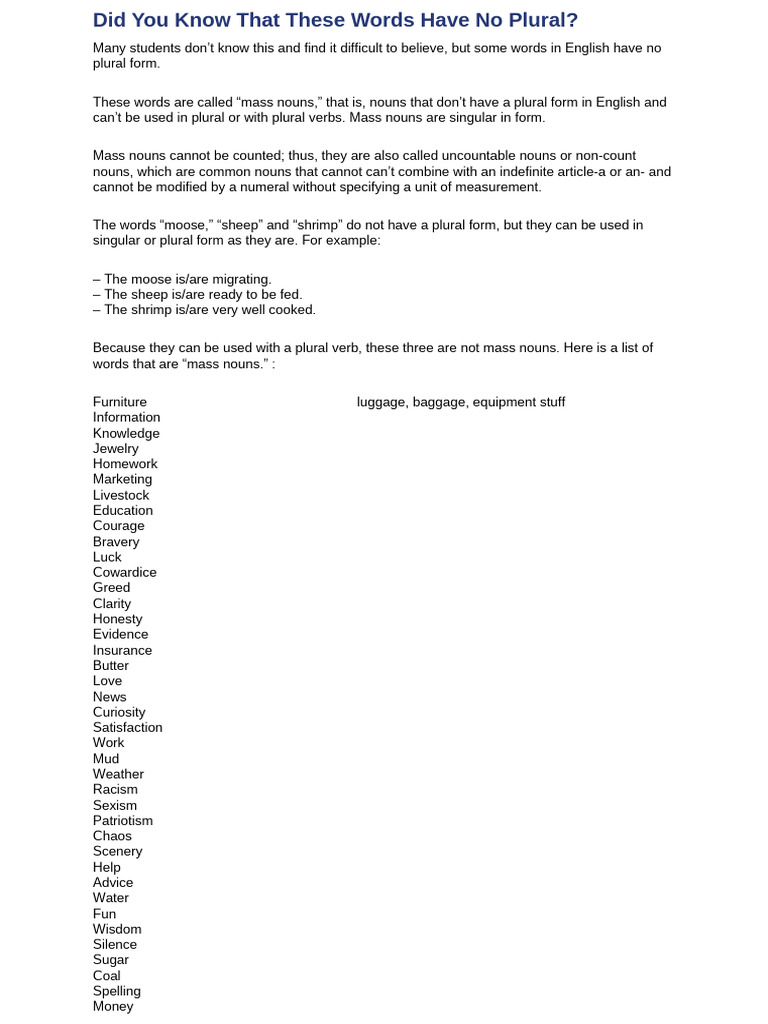 Words No Plurals | PDF