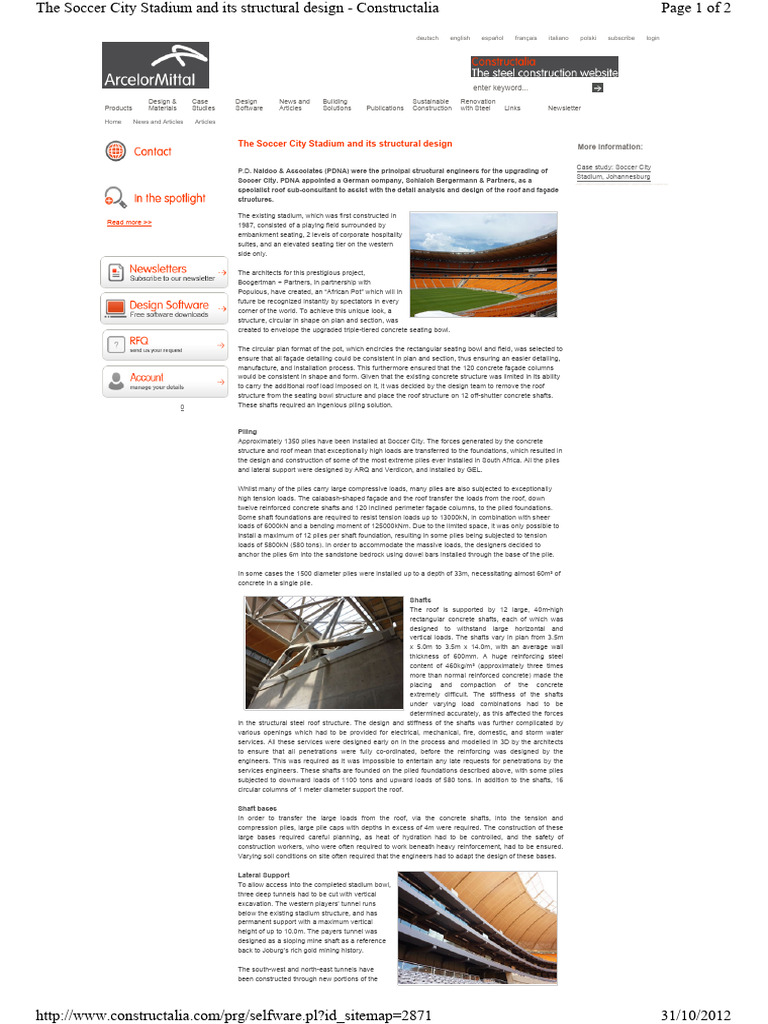 Soccer City Stadium Structural Design | PDF | Deep Foundation | Precast ...