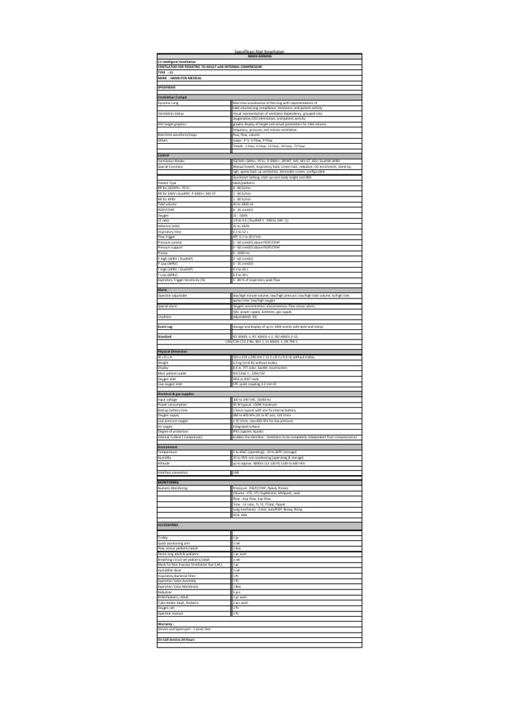 Hamilton C1 Intelligent Ventilator Specs | PDF