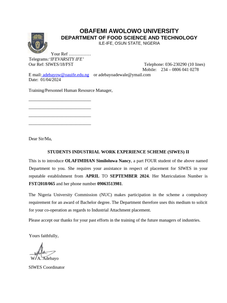 Simi's SIWES II Letter | PDF