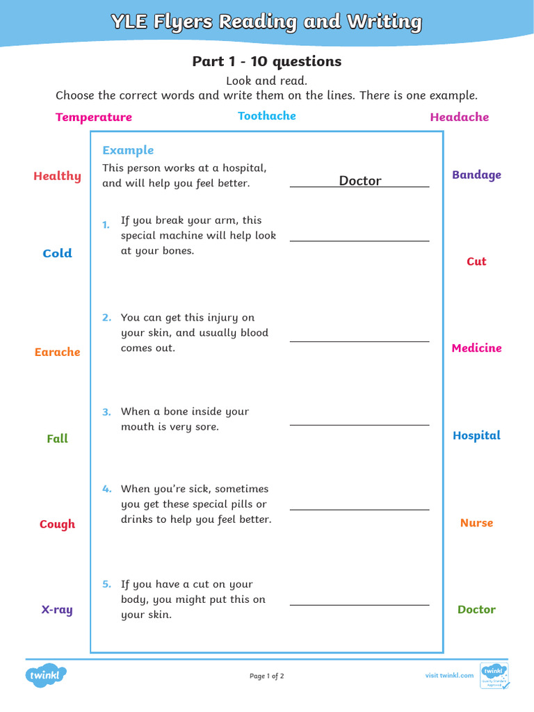 T 1684401684 Esl Yle Flyers Reading and Writing Part 1 Worksheet Health Kids A2 - Ver - 2 | PDF ...