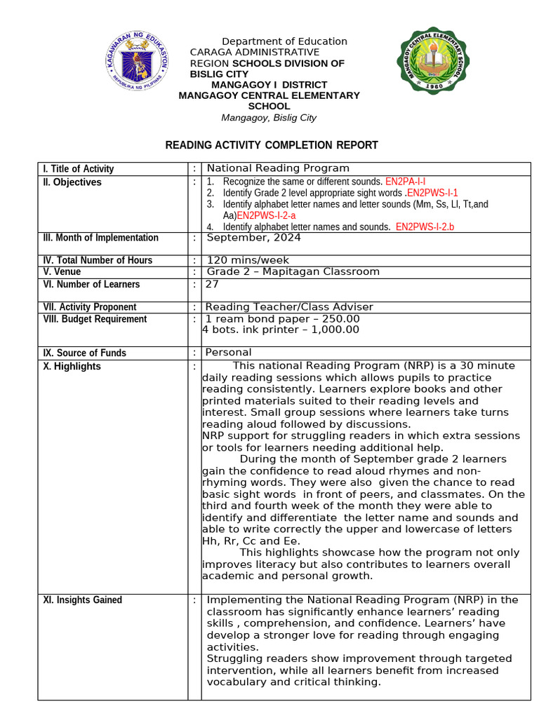 Accomplishment Report September | PDF | Reading Comprehension | Reading ...