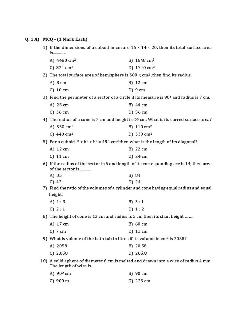 Mensuration MCQs and Problems | PDF | Area | Sphere