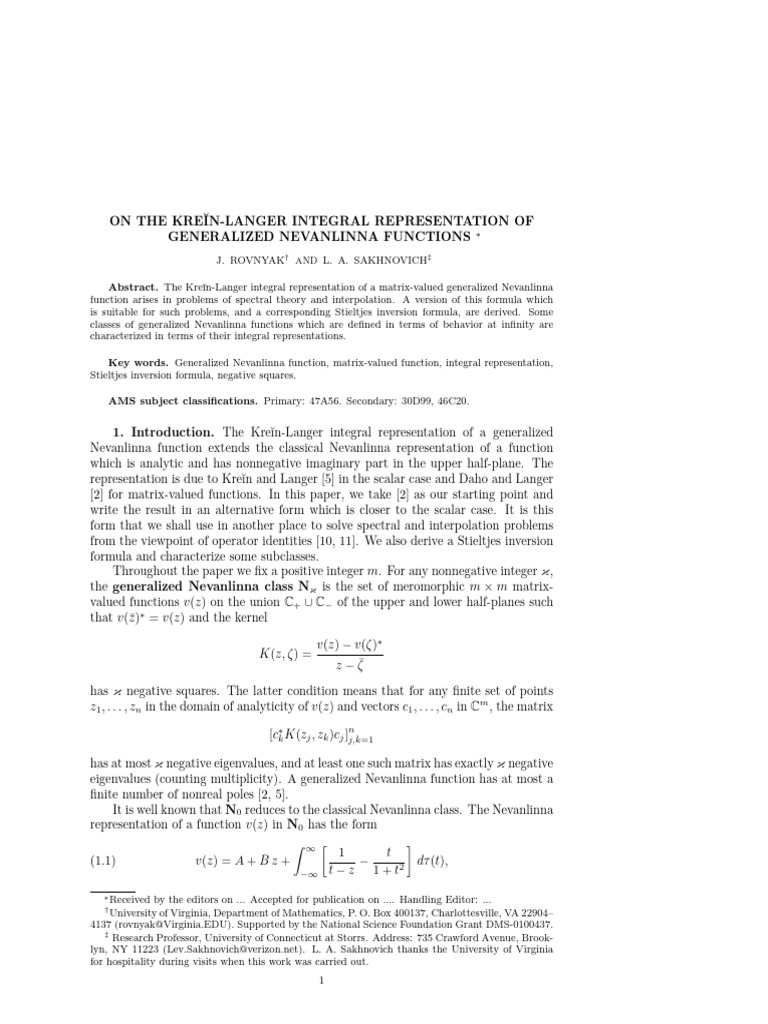 Rovnyak J., Sakhnovich L.A. - On The Krein-Langer Integral Representation of Generalized ...