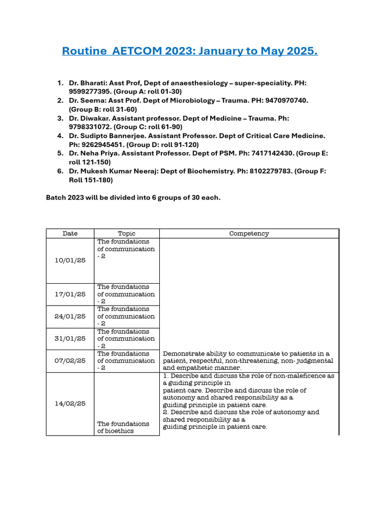 Aetcom Time Table Batch 2023 | PDF | Bioethics | Autonomy