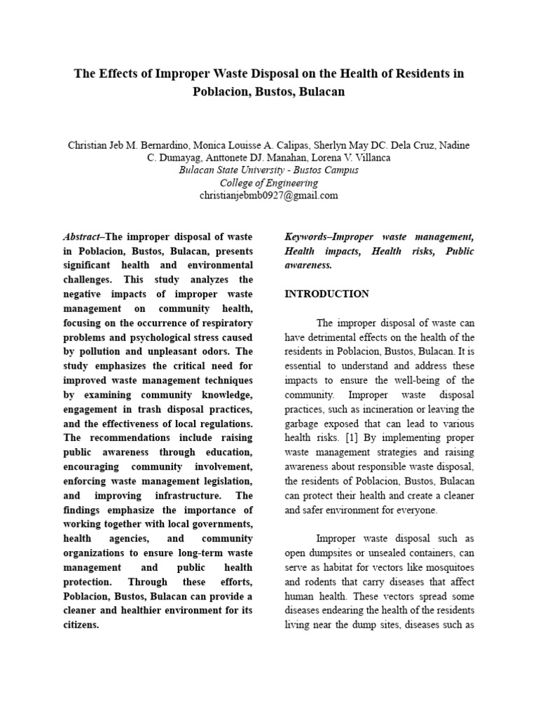 The Effects of Improper Waste Disposal On The Health of Residents in Poblacion, Bustos, Bulacan ...