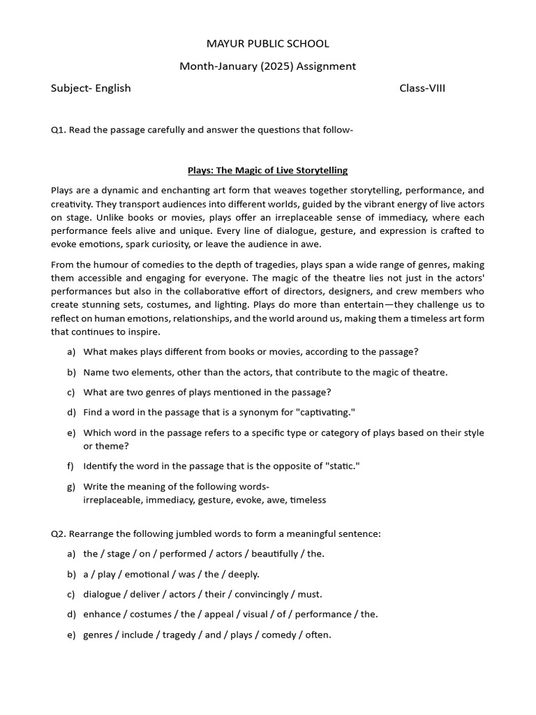 January Assignment Class 8 English | PDF | Theatre | Genre