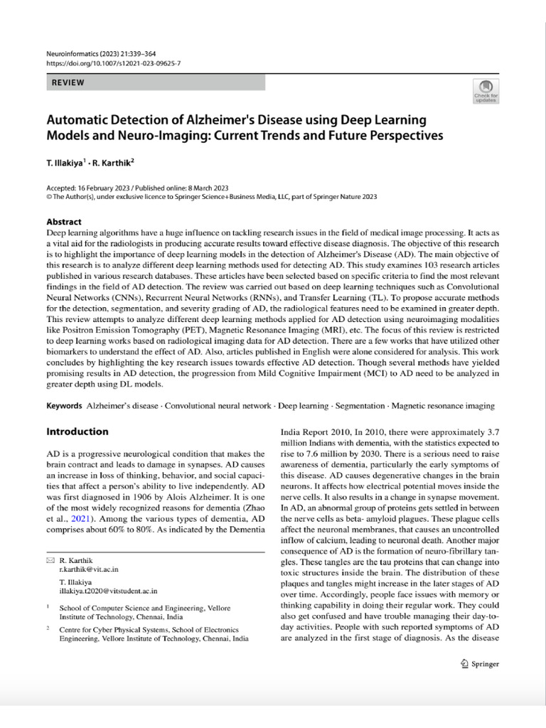 Automatic Detection Of Alzheimers Disease Using Deep Learning Models And Neuro Imaging Current