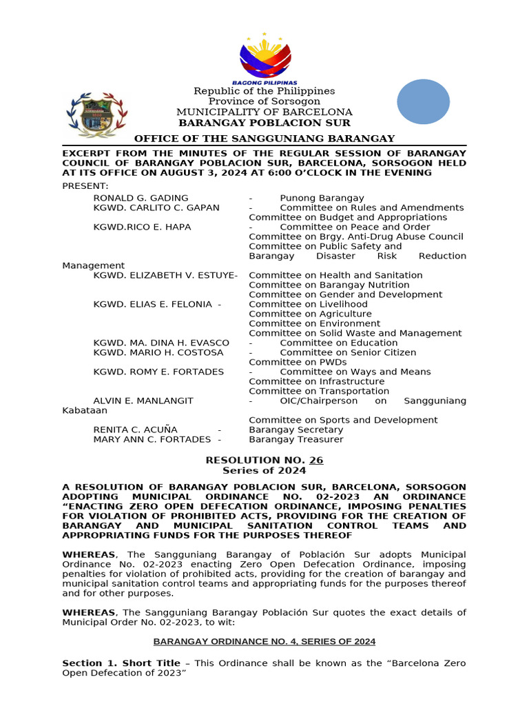 Zero Open Defecation Ordinance Adopted | PDF | Road | Traffic