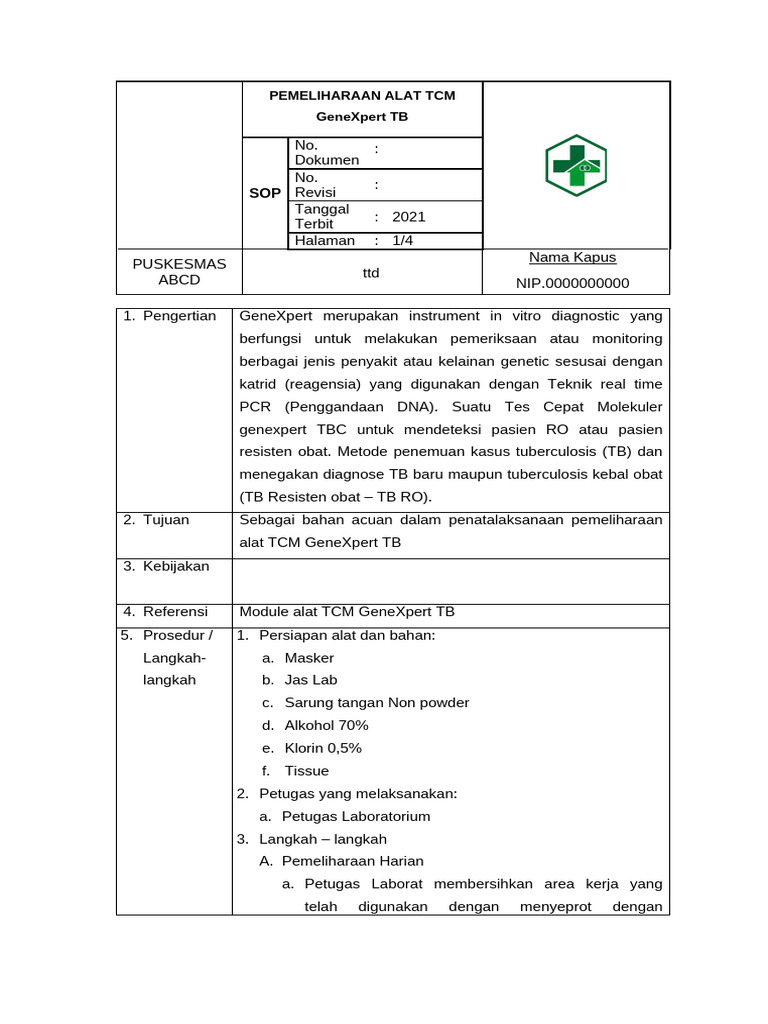 SOP Maintenance Alat TCM Genexpert | PDF