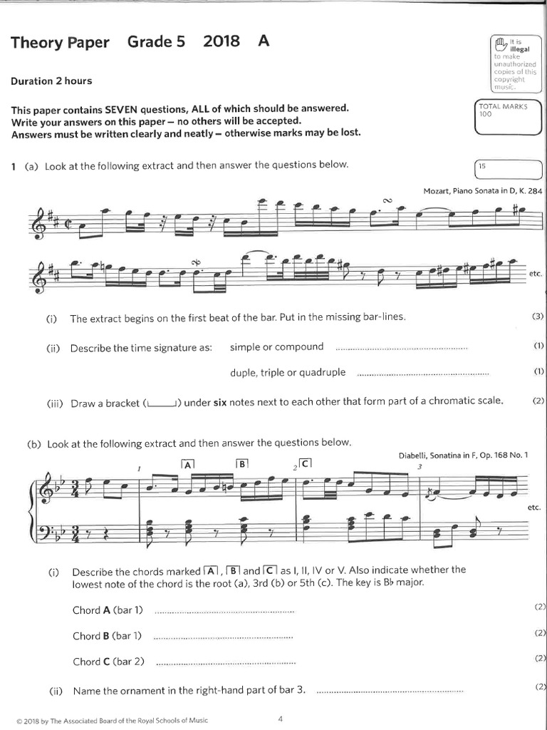 ABRSM Music Theory Sample Exam Paper 2018 Grade 5 - A | PDF