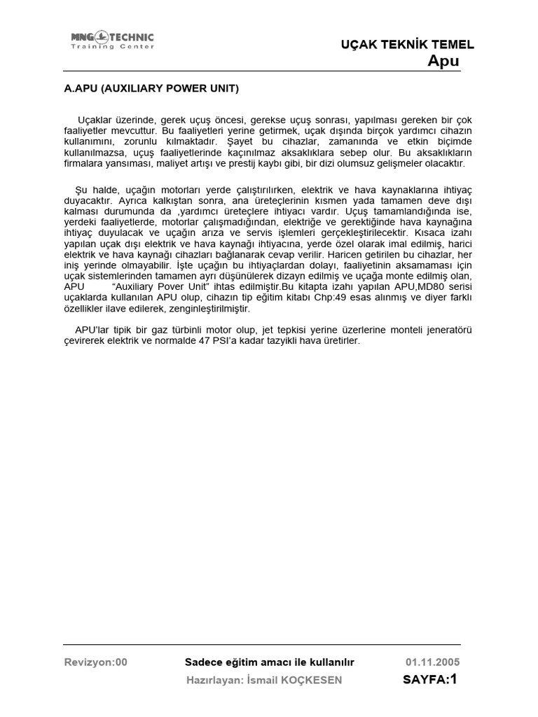 A.Apu (Auxiliary Power Unit) : Uçak Tekn K Temel | PDF