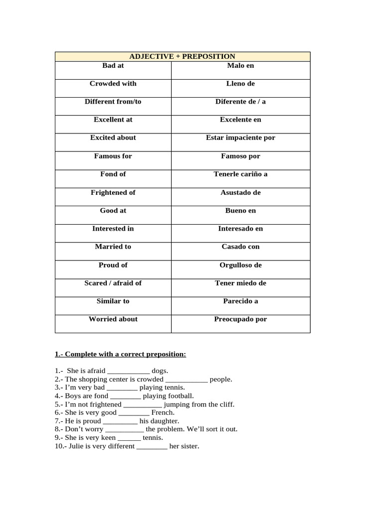 Adjectives + Preposition | PDF