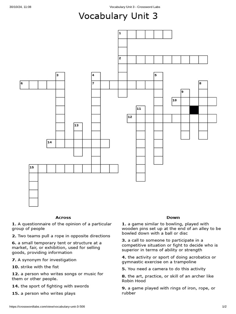 Vocabulary Unit 3 Crossword Puzzle | PDF | Indoor Sports