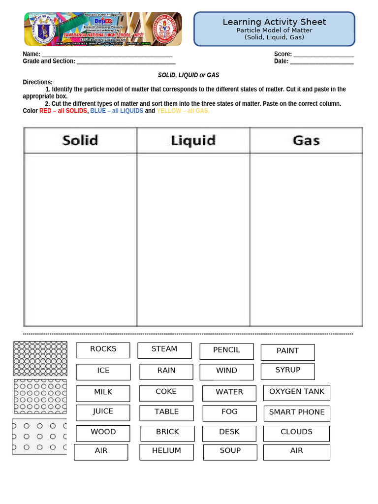 Particle Model of Matter Activity Sheet | PDF